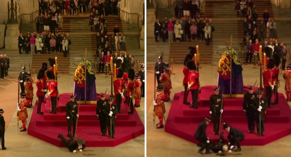 The shocking moment Royal Guard COLLAPSES in front of Queen's coffin ...